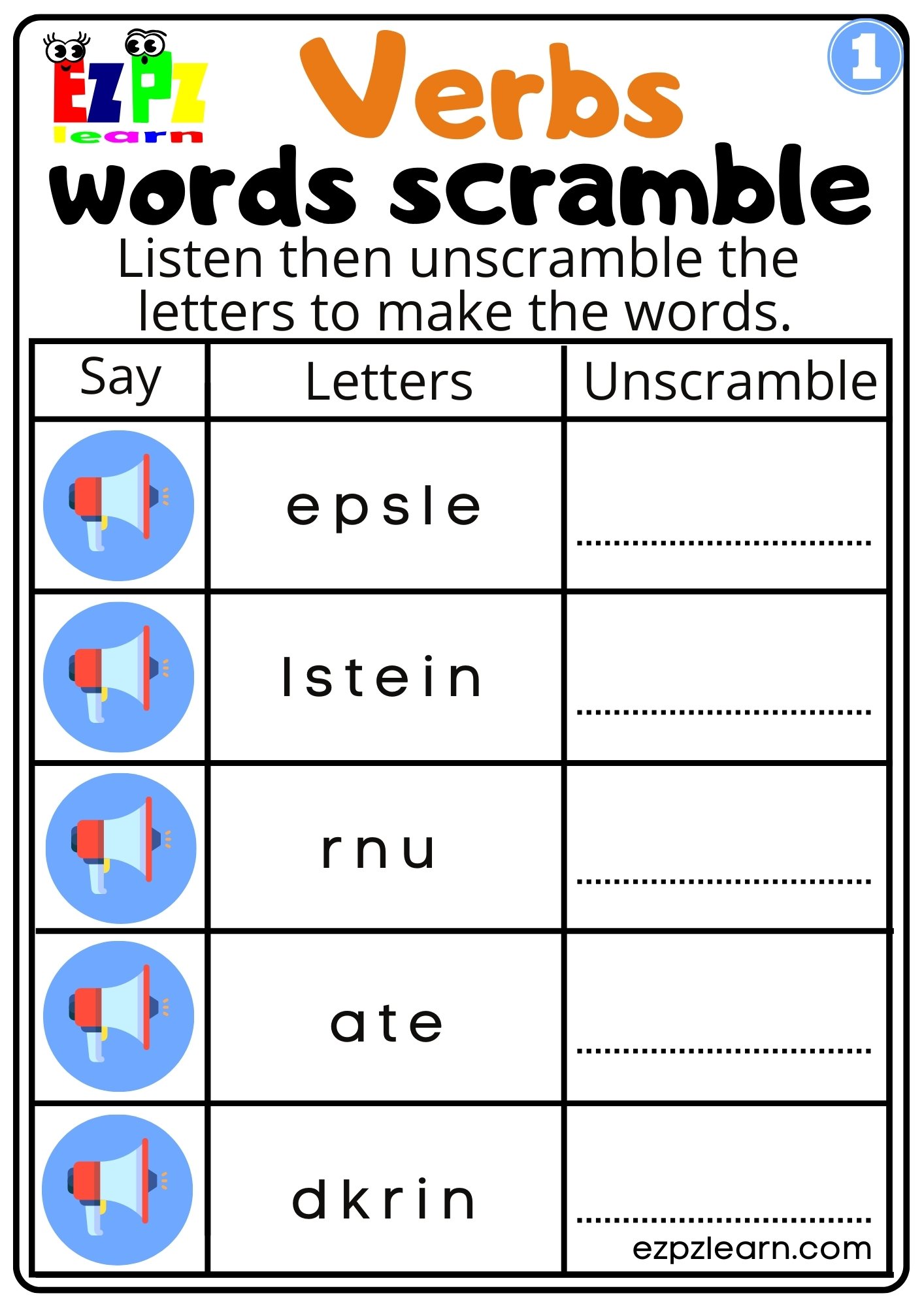Interactive Verbs Worksheet Listen, Unscramble and Write the Words ...